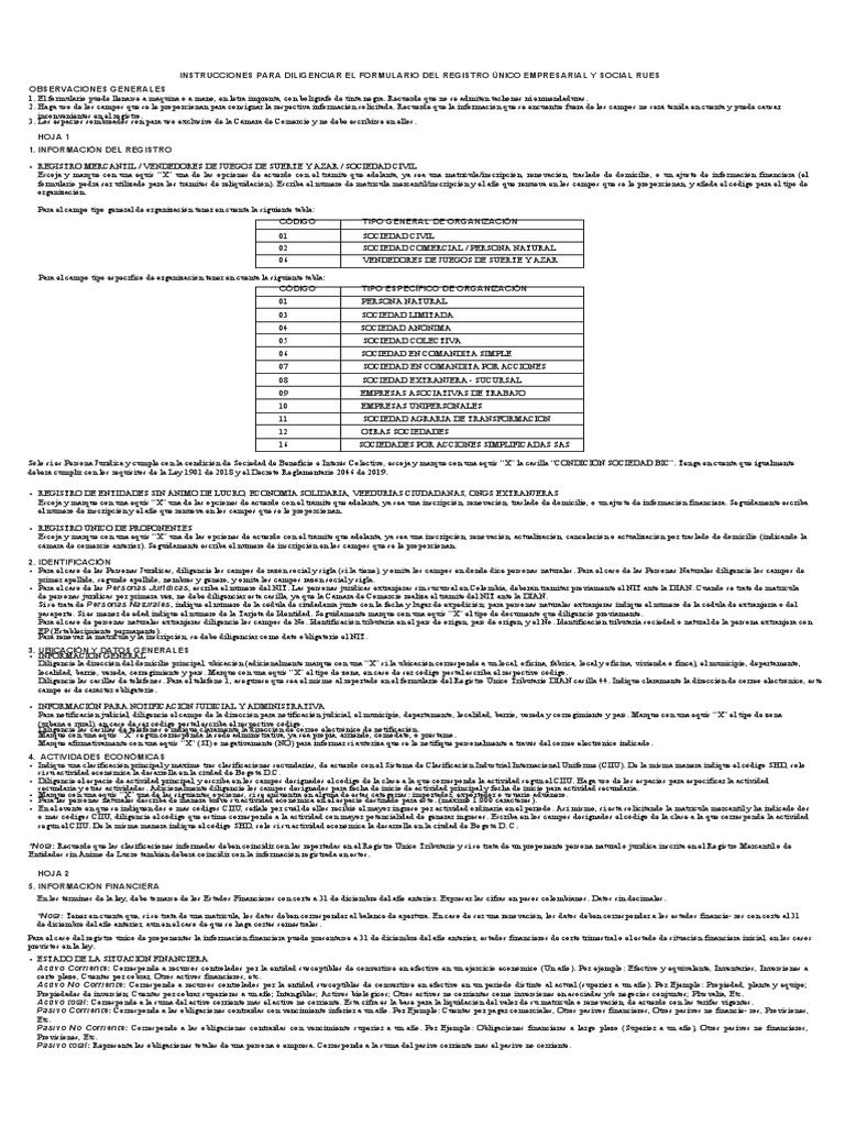 Formulario Rues Hojas 1 y 2 | PDF
