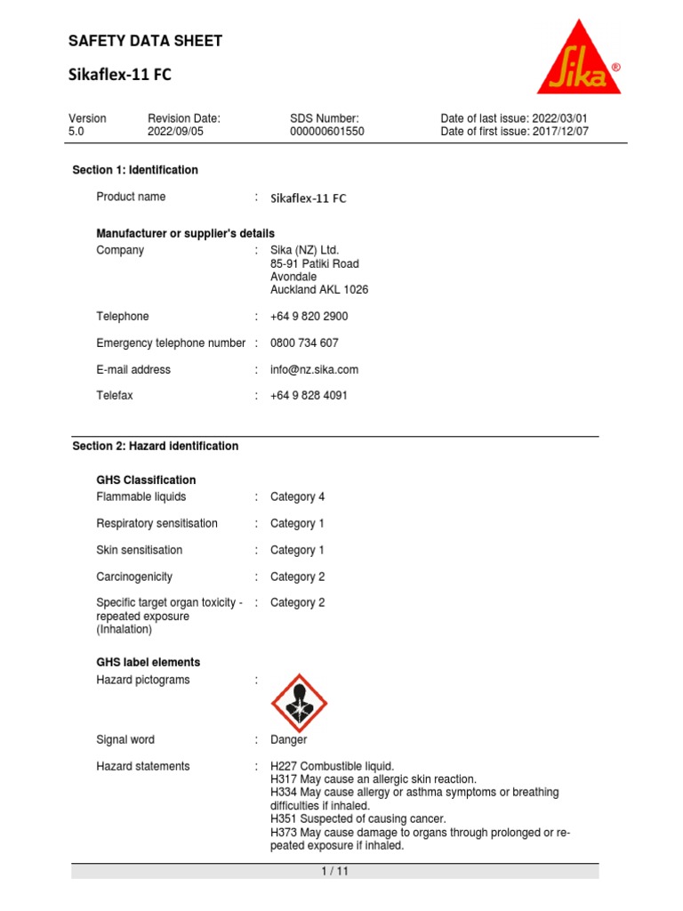 Sikaflex 11FC - MSDS | PDF | Dangerous Goods | Toxicity