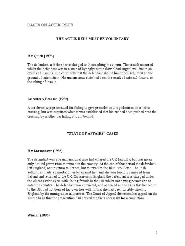 Cases On Actus Reus | PDF | Causation (Law) | Murder