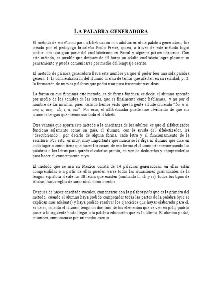 La Palabra Generadora para Alfabetizadores 2017 | PDF | Realidad | Palabra
