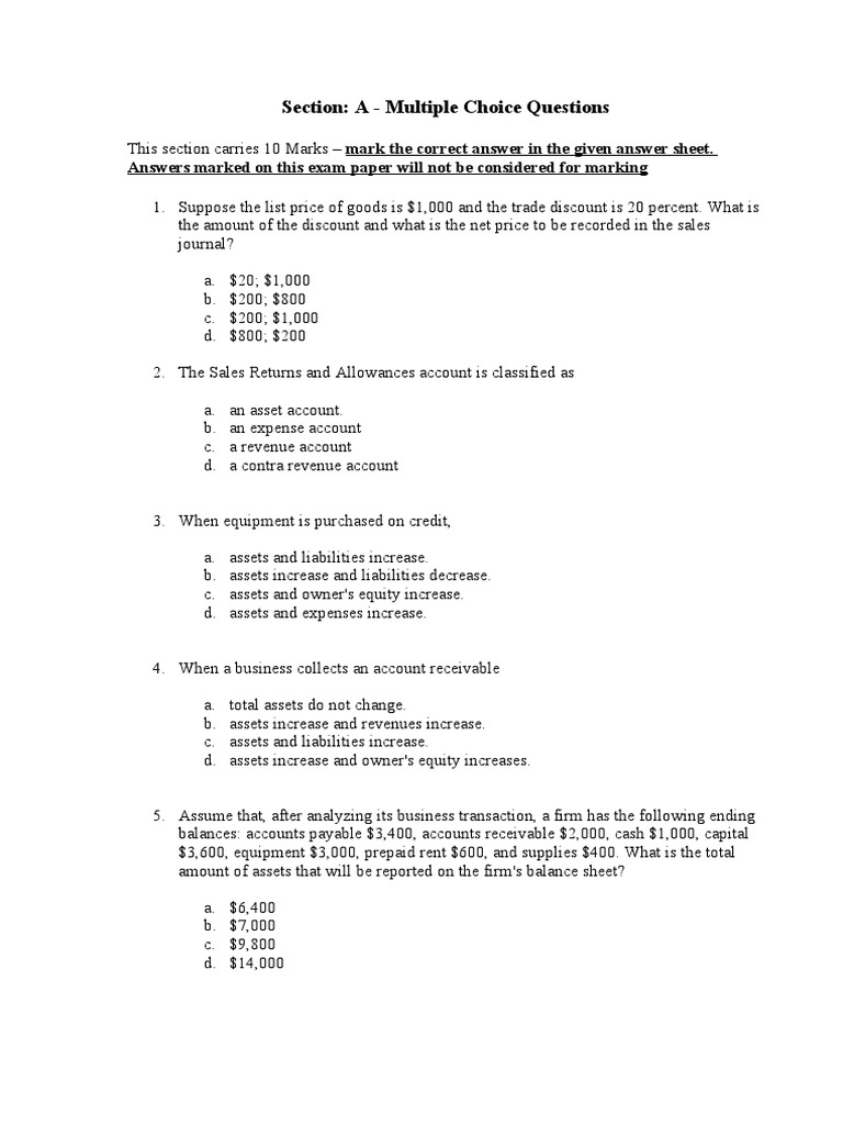 Accounting Exam Questions | PDF | Debits And Credits | Equity (Finance)