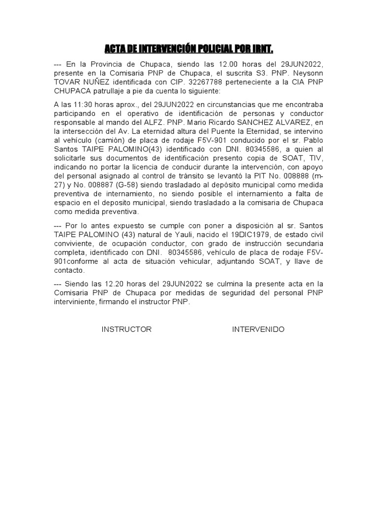 Acta de Intervención Policial Por Irnt | PDF