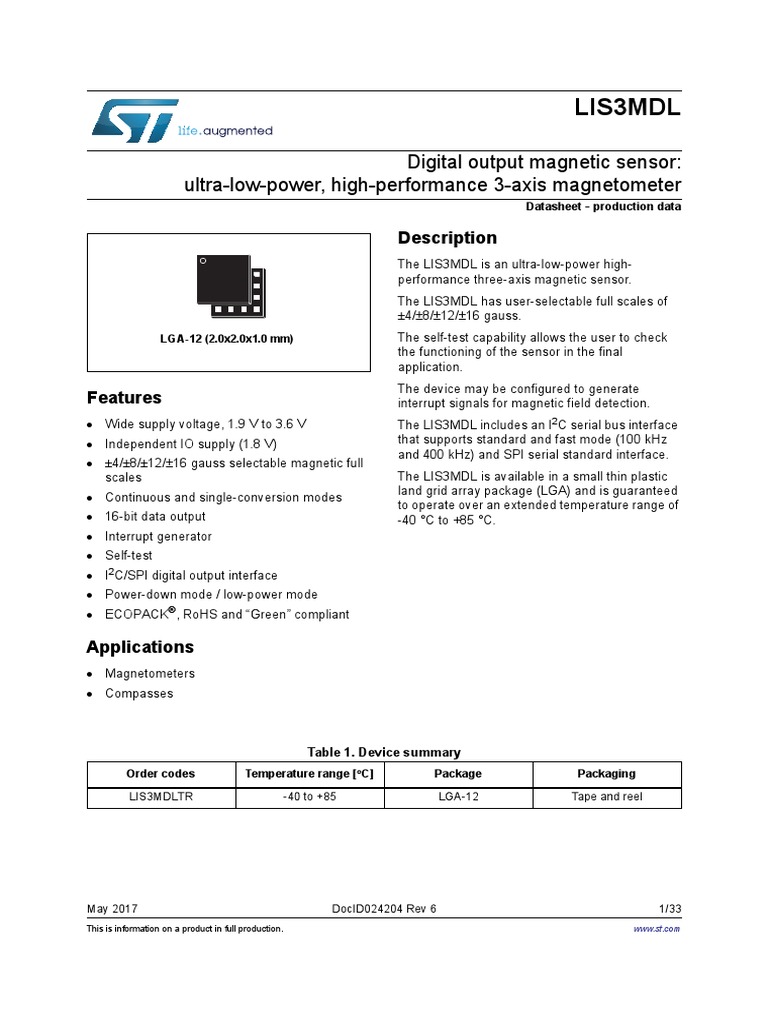 Lis3Mdl: Digital Output Magnetic Sensor: Ultra-Low-Power, High-Performance 3-Axis Magnetometer ...