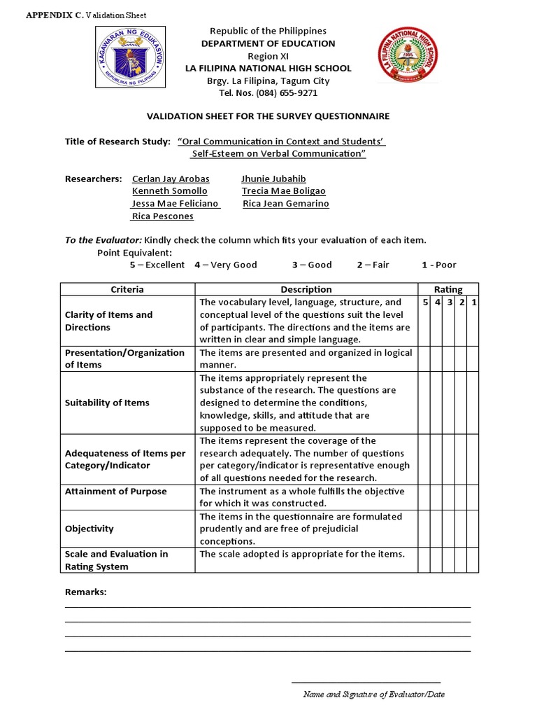 Appendix C. Validation-Sheet-For-Quantitative | PDF | Psychological Concepts | Psychology