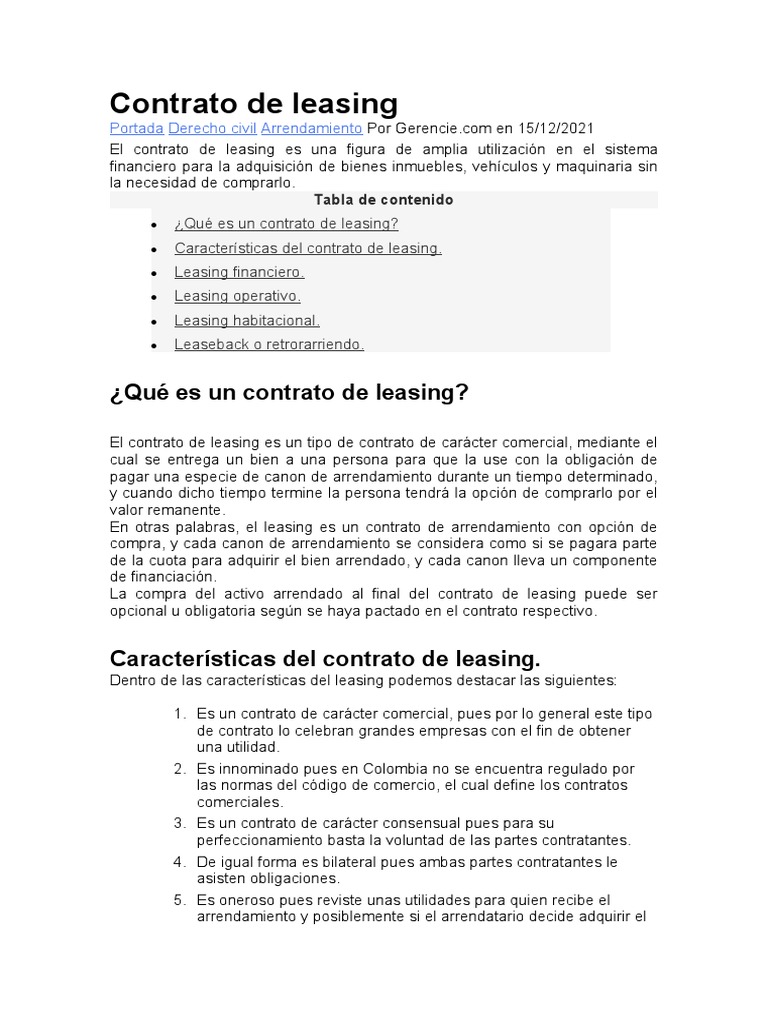 Contrato de Leasing | PDF | Alquiler | Derecho empresarial