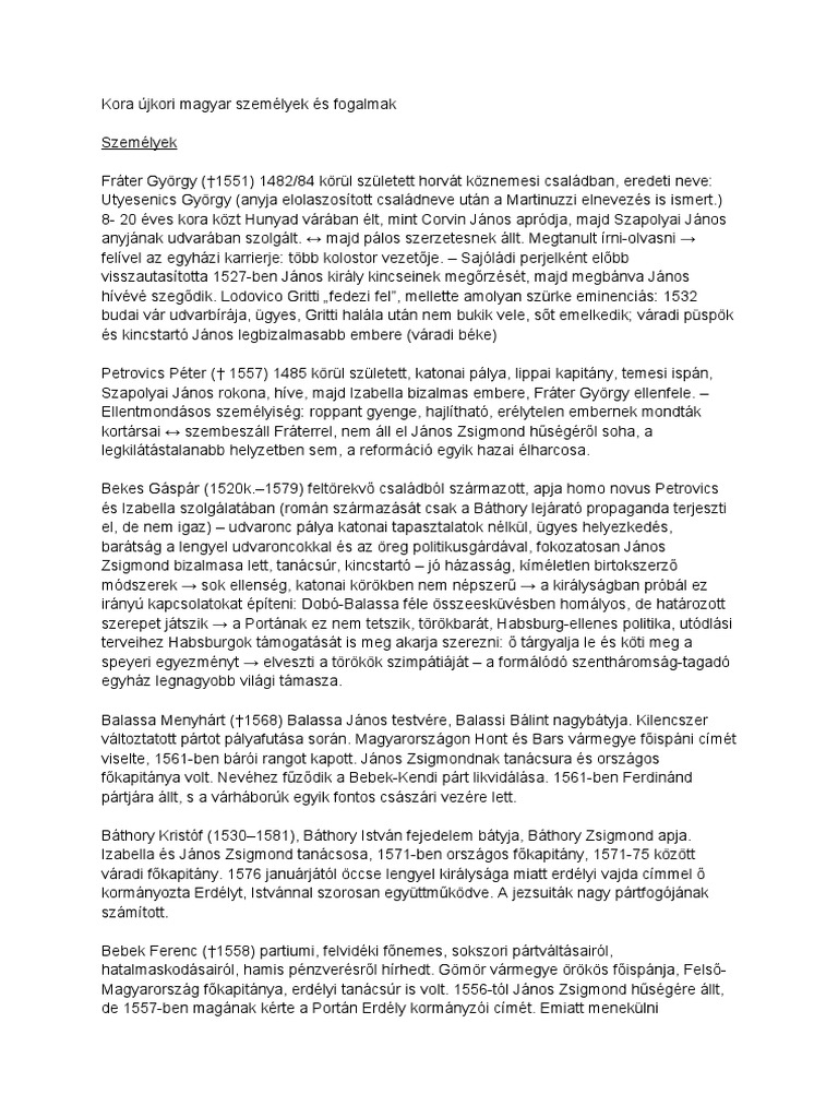 Kora Újkori Magyar Személyek És Fogalmak | PDF