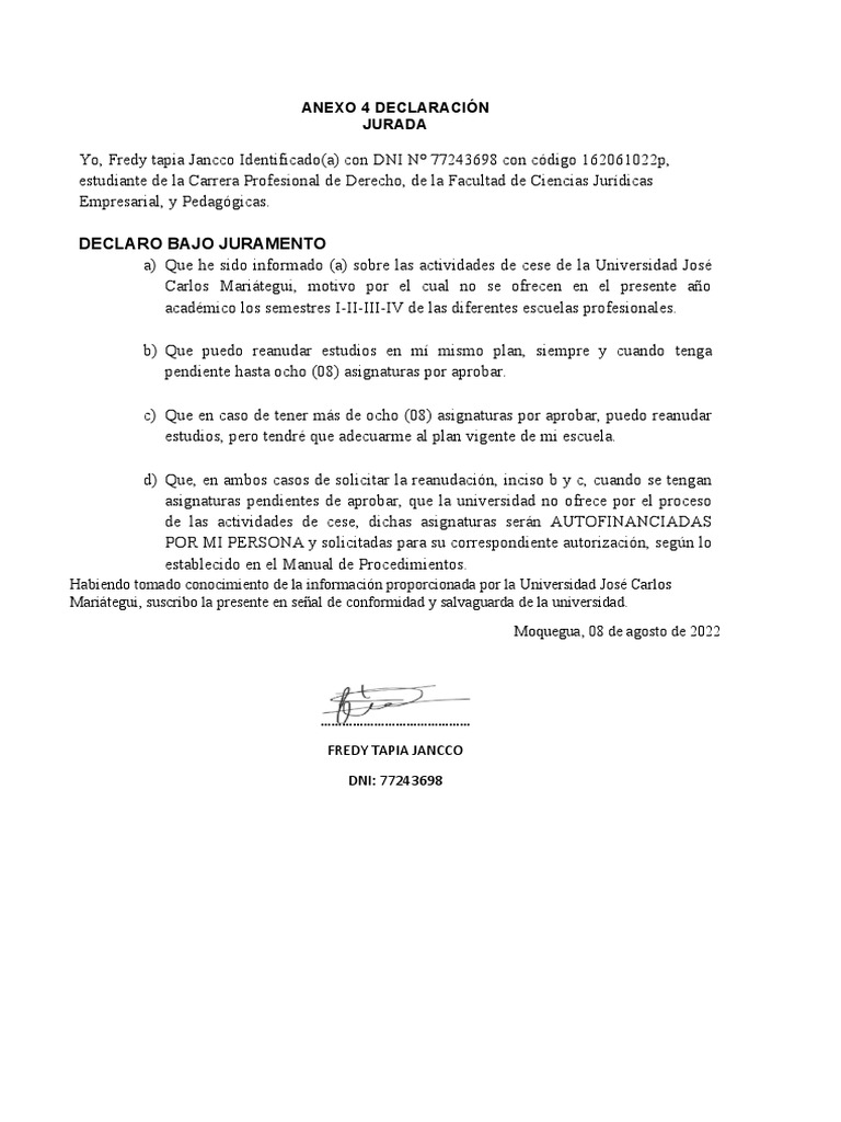 Anexo 4 Declaración Jurada | PDF