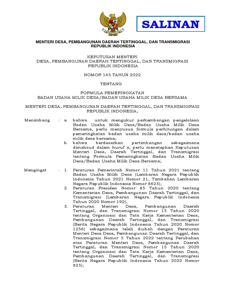 Salinan Keputusan Menteri Desa, PDT, Dan Transmigrasi Nomor 145 Tahun ...