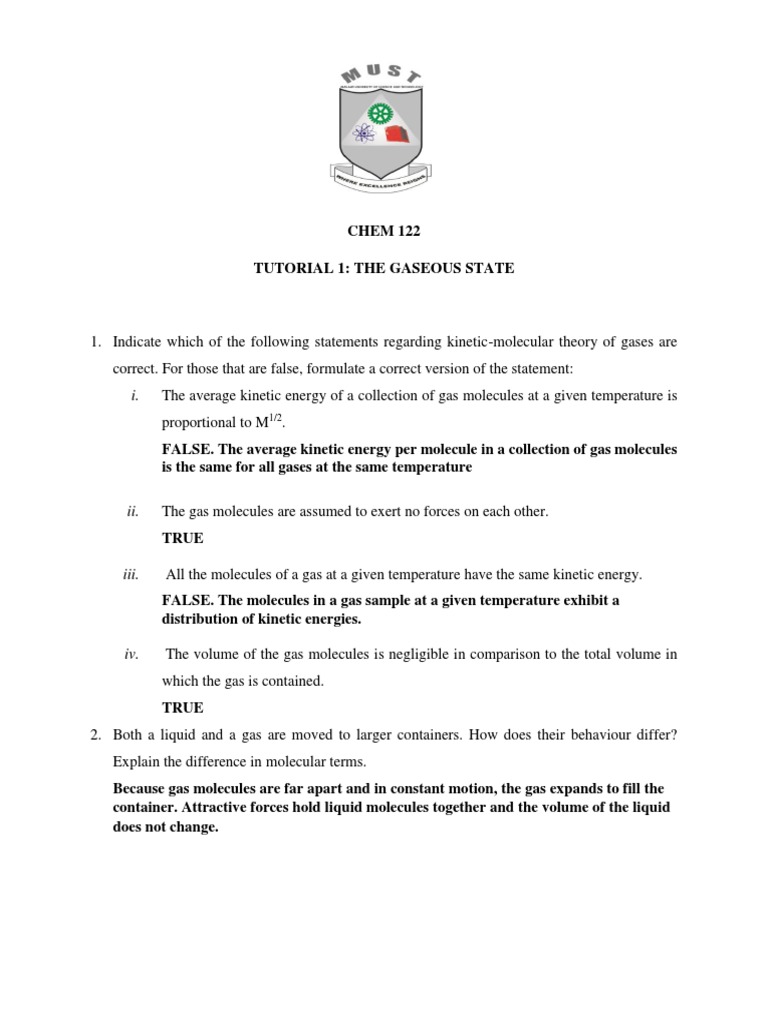 Chem 122-Gaseous State Tutorial-Solutions | PDF | Gases | Liquids