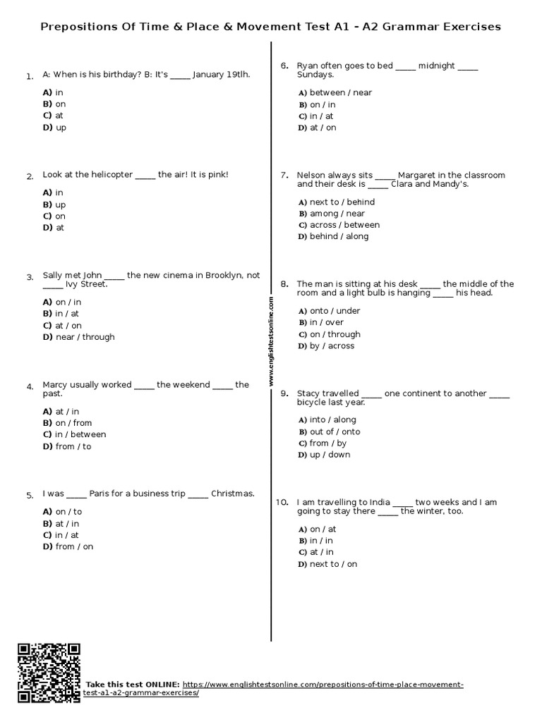 457 - Prepositions of Time Place Movement Test A1 A2 Grammar Exercises ...
