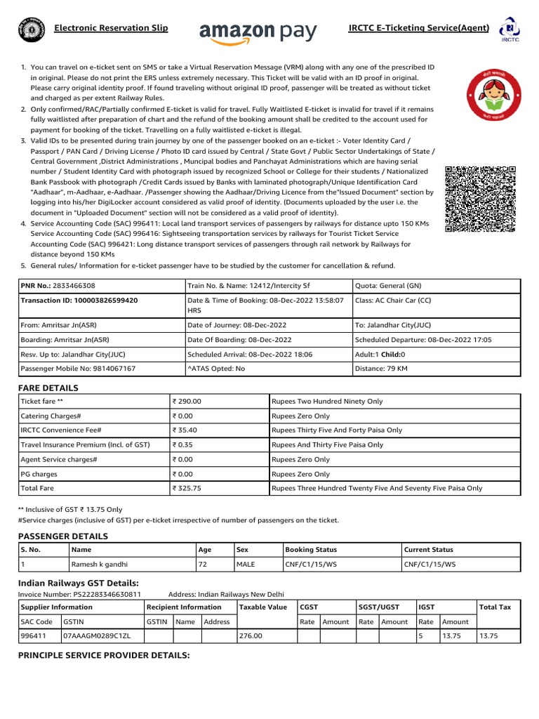 Electronic Reservation Slip IRCTC E-Ticketing Service (Agent) | PDF ...