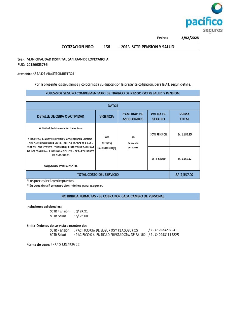 Cotizacion SCTR 156-2023 - MD San Juan de Lopecancha | PDF