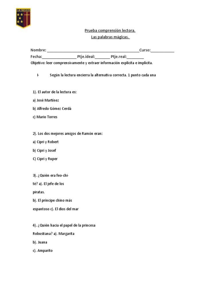 Prueba de Comprensión Lectora para Niños | PDF