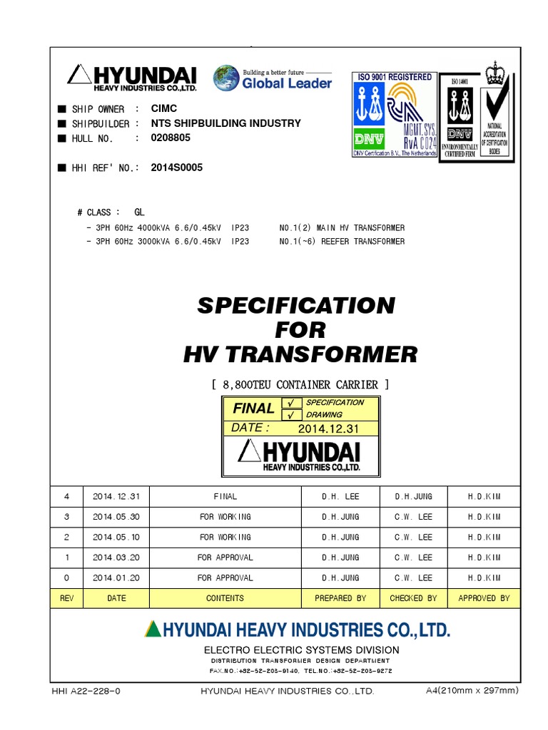 Specification For HV Transformer (Hyundai Heavy Industries CO., LTD ...