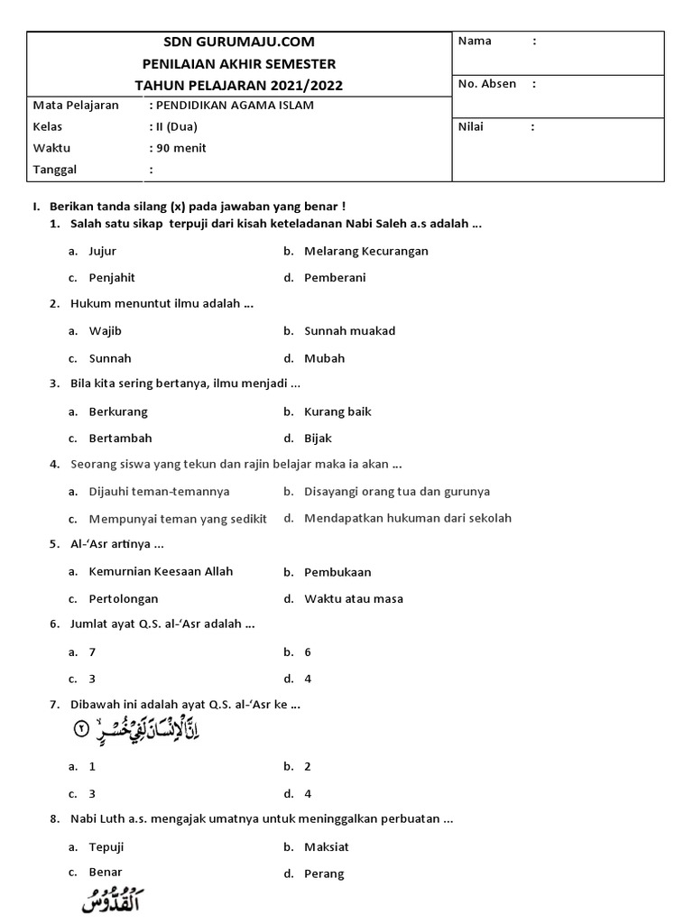 Soal Pas Pai SD Kelas 2 Semester 2 | PDF