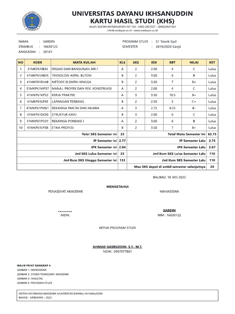 Kartu Hasil Studi - 16630122 | PDF