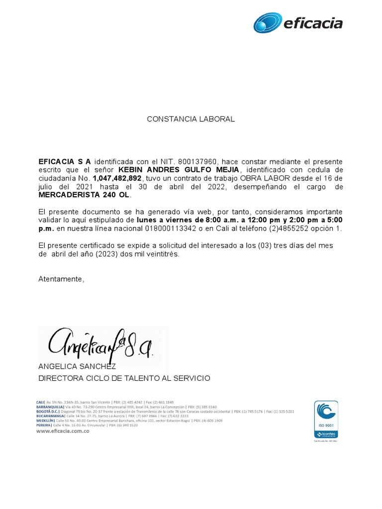 Constancia Laboral Eficacia Word | PDF