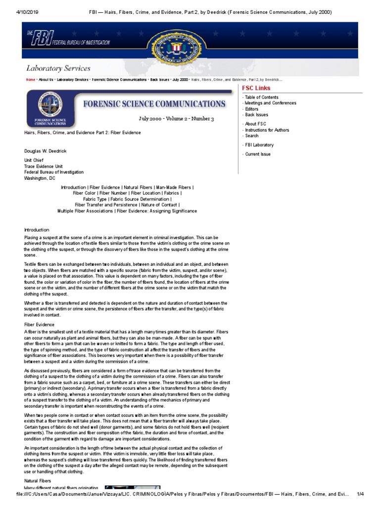 FBI - Hairs, Fibers, Crime, and Evidence, Part 2, by Deedrick (Forensic ...