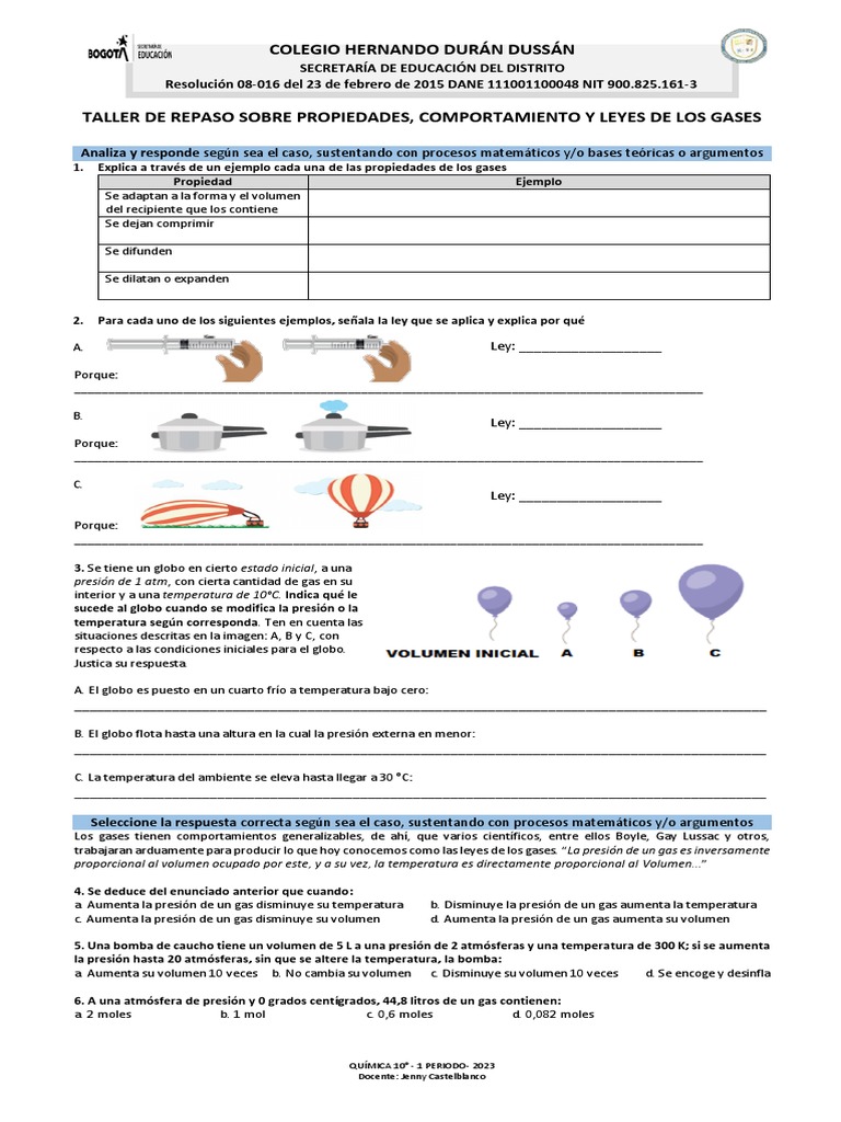 Colegio Hernando Durán Dussán: Presión de 1 Atm, Con Cierta Cantidad de Gas en Su | PDF | Gases ...
