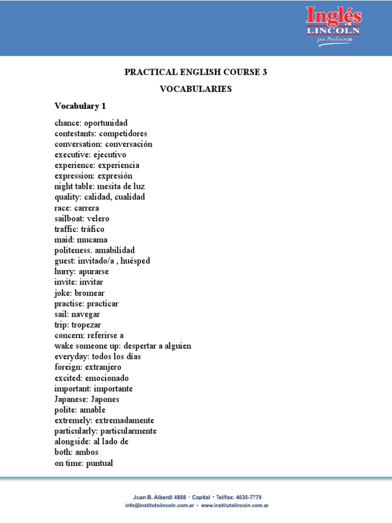 Practical English Course 3 Vocabularies Vocabulary 1 | PDF