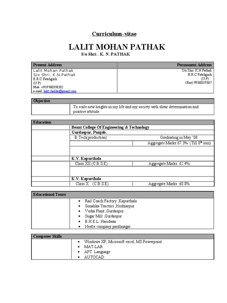 Lalit Mohan Pathak: Curriculum-Vitae | PDF