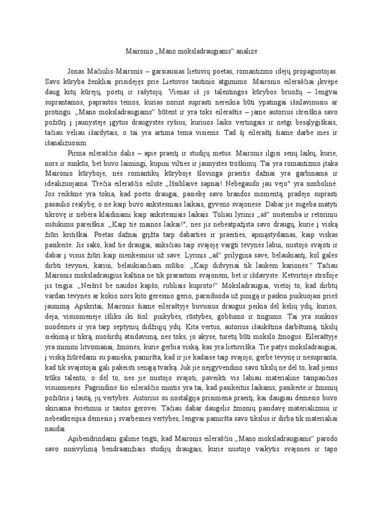 Maironis Mano Moksladraugiamso | PDF