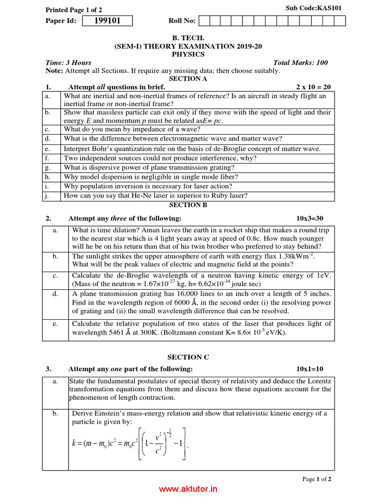 KAS101T Phy AKTU 5year | PDF | Optics | Diffraction