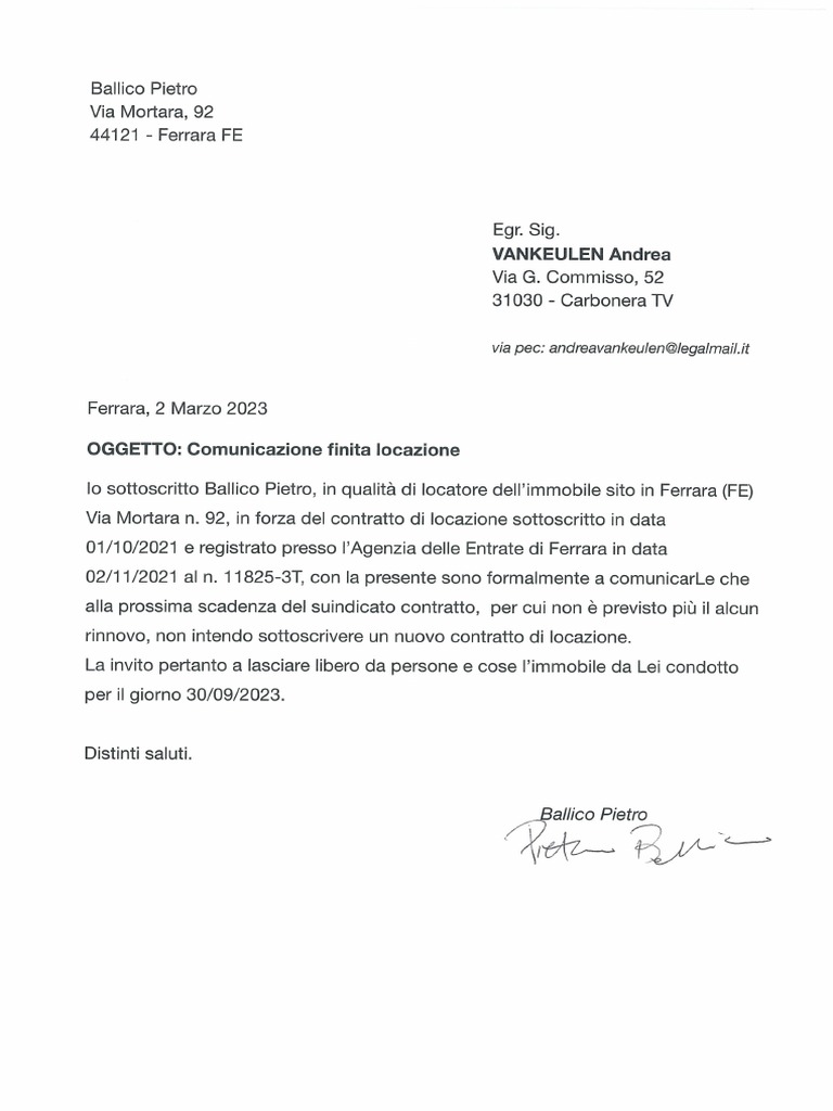 Fine Contratto Locazione | PDF