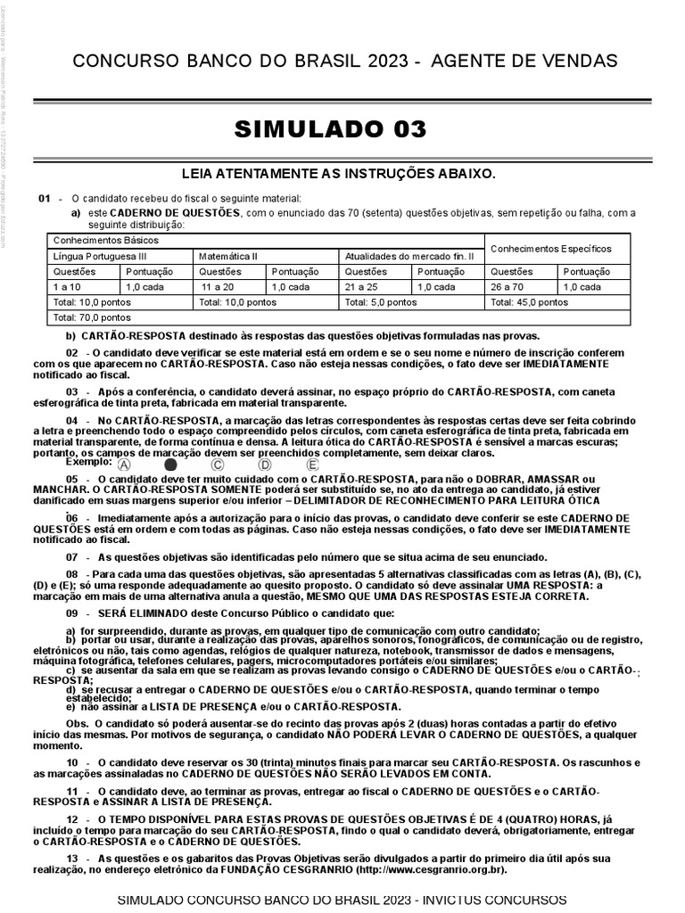 Simulado Concurso Banco Do Brasil 2023 Simulado 03 | PDF | Cheque (banco)