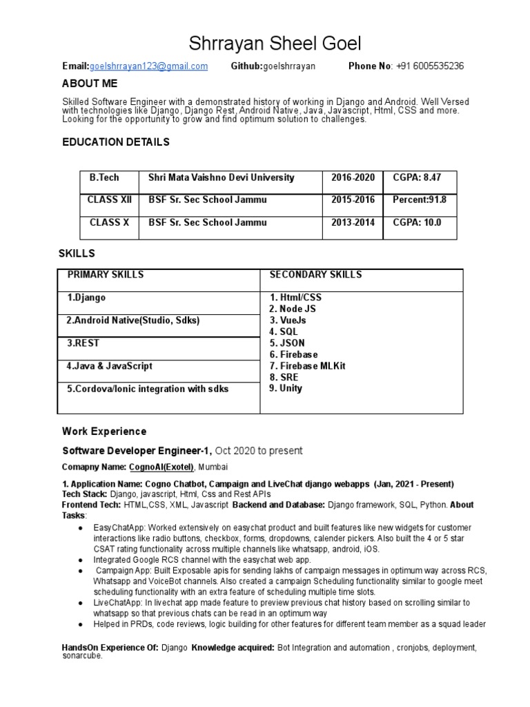 Resume Shrrayan Sheel Goel | PDF | Android (Operating System) | Web Application