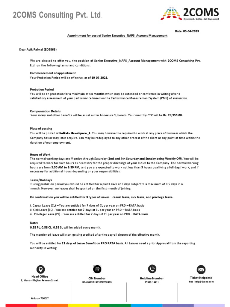 Avik Palmal - ED5868 - Appointment Letter | PDF | Employment ...