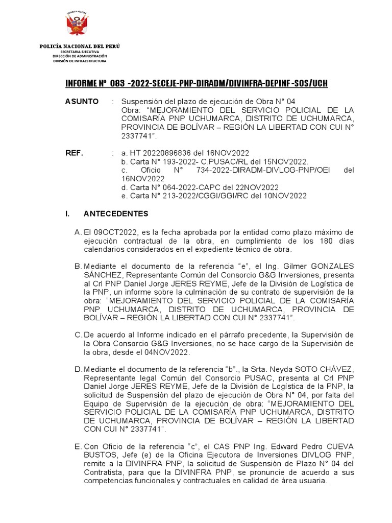 Informe #083 - 2022-Seceje-Pnp-Diradm/Divinfra-Depinf - Sos/Uch | PDF | Gobierno | Justicia