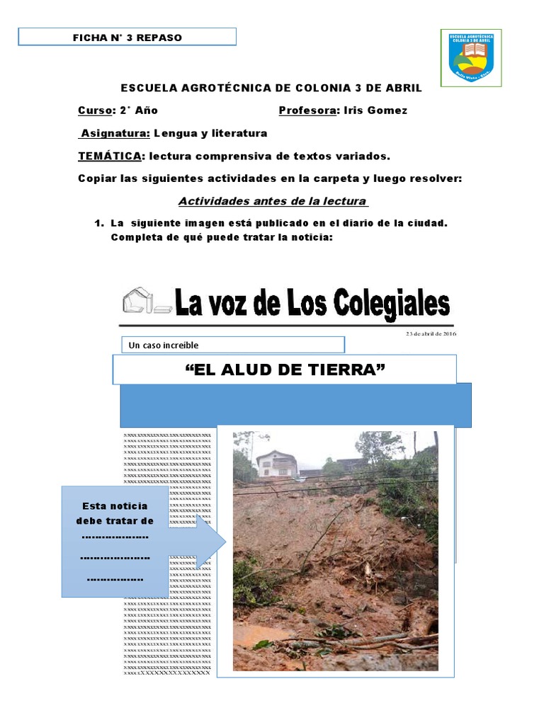 "El Alud de Tierra": Ficha #3 Repaso | PDF | Lingüística