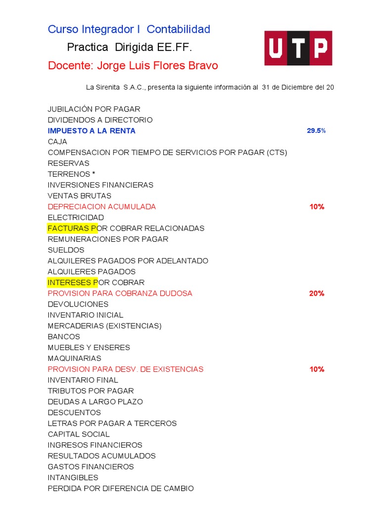 Practica EEFF - LA SIRENITA S.A. - TAREA | PDF | Impuestos | Compartir (Finanzas)
