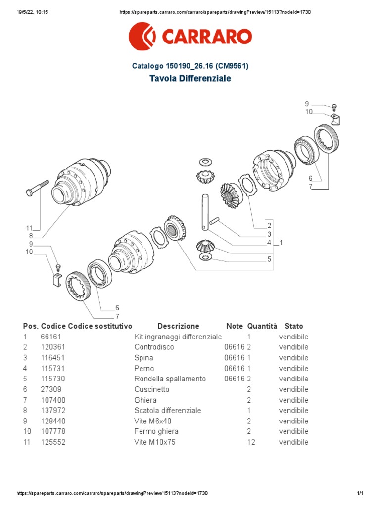 Tavola Differenziale: Catalogo 150190 - 26.16 (CM9561) | PDF