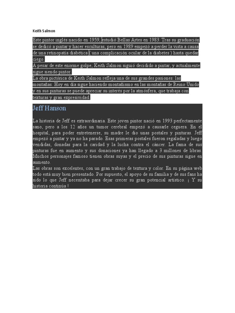 Biografía de Keith Salmon, pintor ciego | PDF