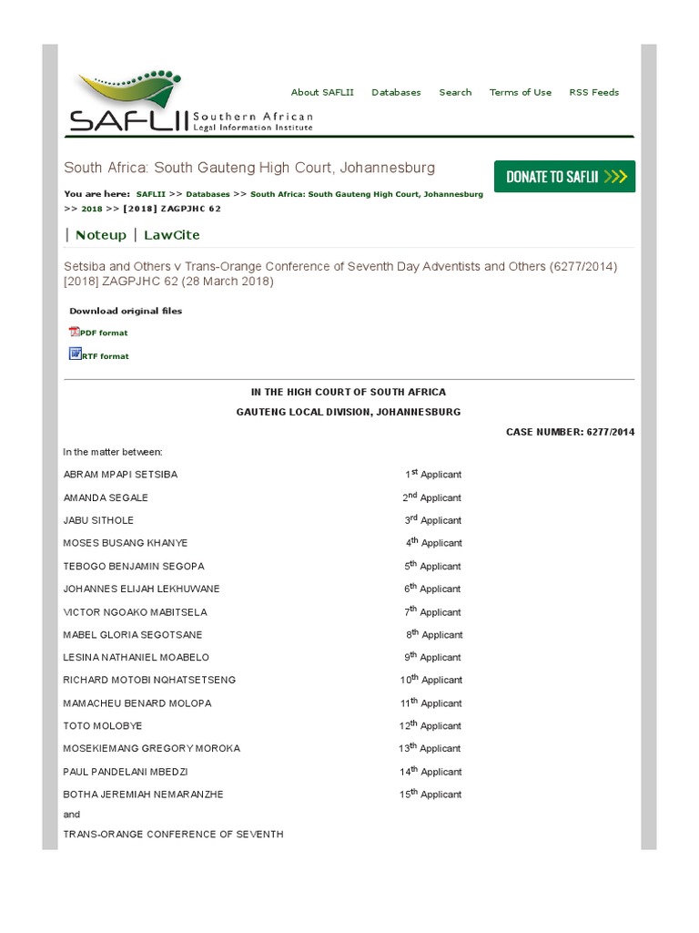 Setsiba and Others V Trans-Orange Conference of Seventh Day Adventists and Other | PDF ...