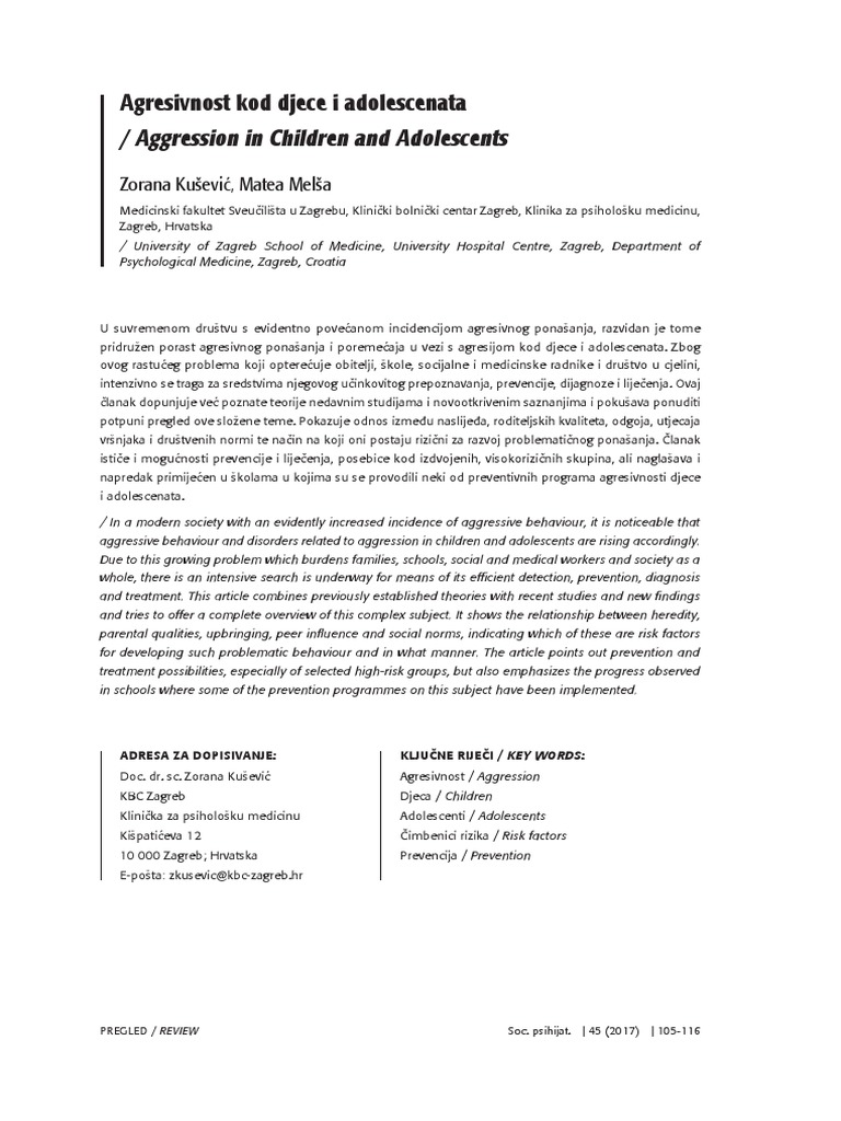 Agresivnost kod djece i adolescenata | PDF | Youth | Medicine