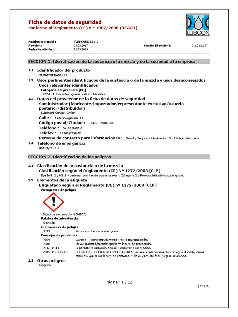 FDS TURMOGREASE N 2: Seguridad y Uso | PDF | Agua | Toxicidad