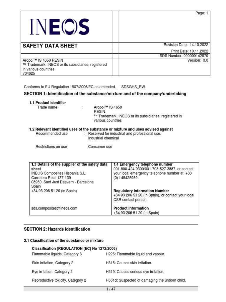 MSDS Aropol Is 4650 Resin | PDF | Dangerous Goods | Toxicity