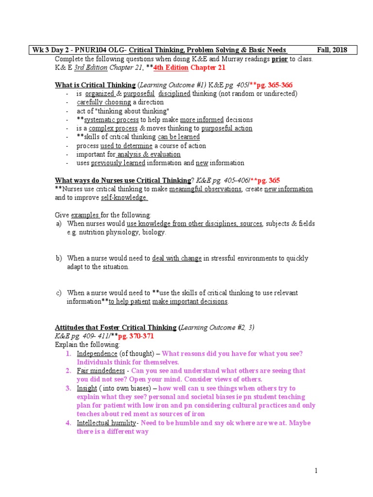 PNUR104 - WK 3 Day 2 - Critical Thinking, Problem Solving & Basic Needs | PDF | Critical ...