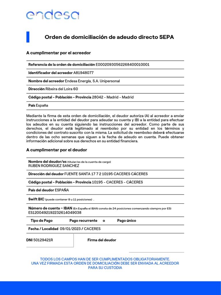 Orden de Domiciliación de Adeudo Directo SEPA: A Cumplimentar Por El ...