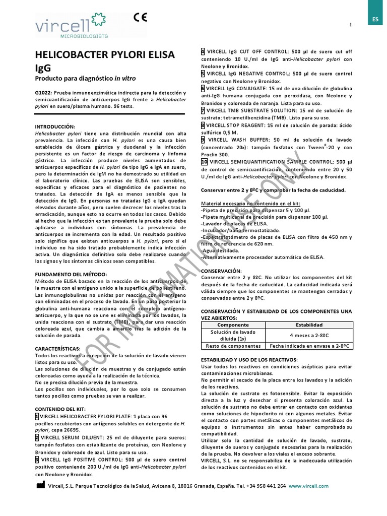 HELICOBACTER PYLORI ELISA IgG - G1022 - ES | PDF | Elisa | Anticuerpo