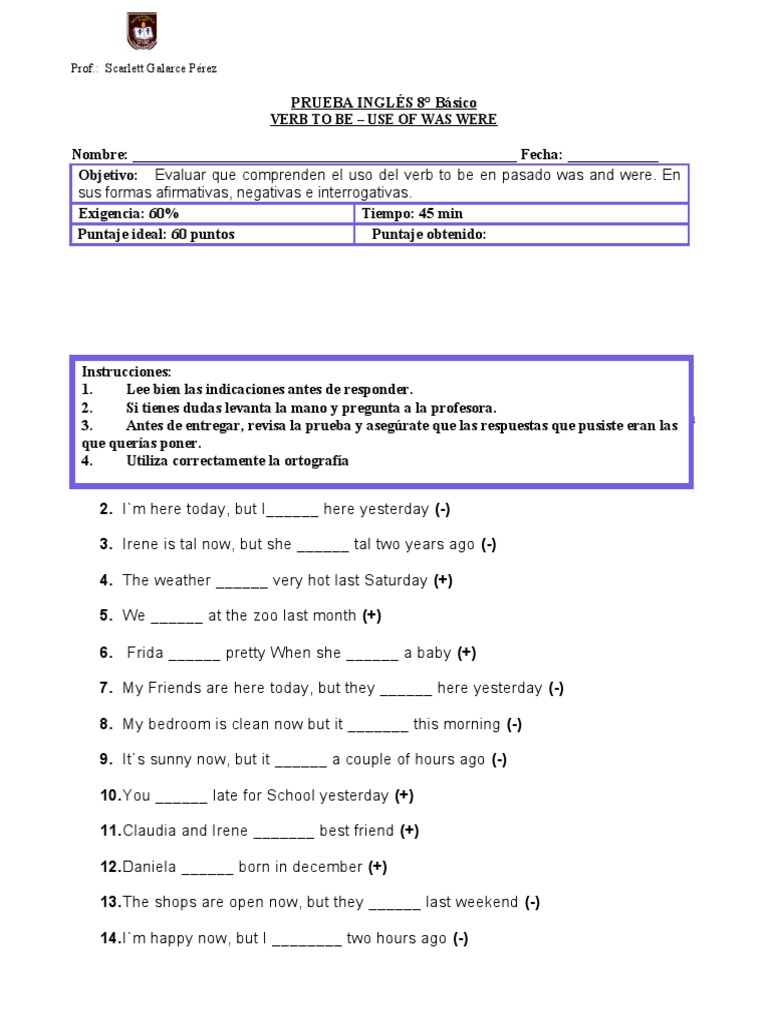 Was Were Past Tense Verb To Be Quiz | PDF