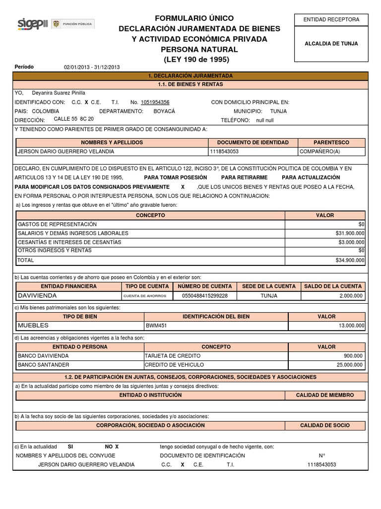 Formulario Único Declaración Juramentada de Bienes Y Actividad ...