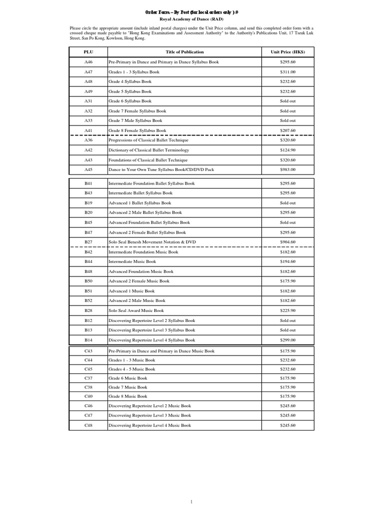 RAD Order Form and Publication Price List: Dance Syllabus Books, Music ...