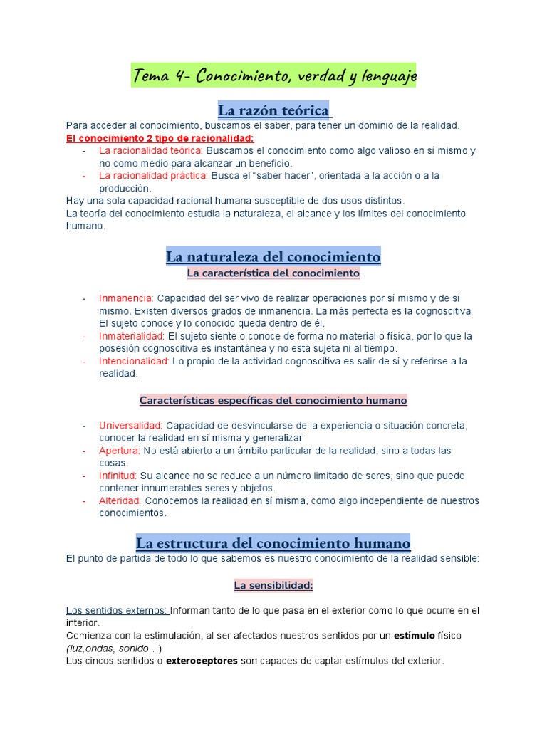 Tema 4 - Conocimiento, Verdad y Lenguaje (Filosofía) | PDF | Verdad | Conocimiento