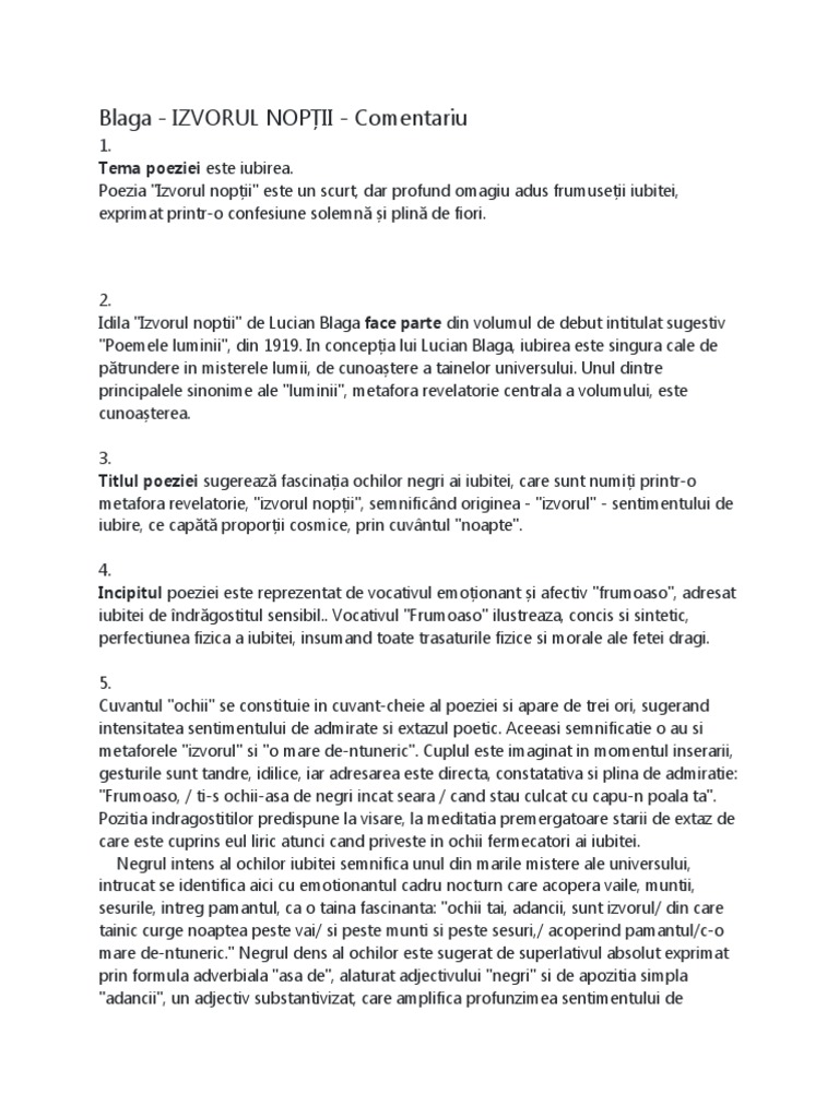 Izvorul Noptii de Lucian Blaga - Comentariu | PDF