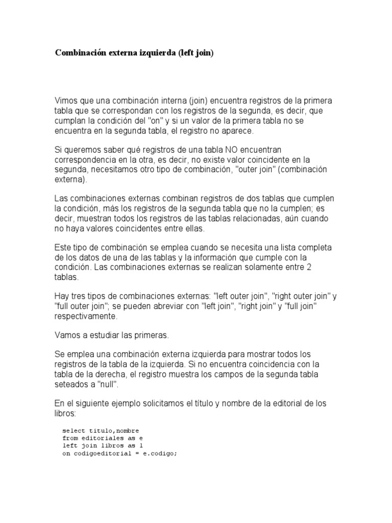 Combinación Externa Izquierda (1) | PDF | Bases de datos | Gestión de datos