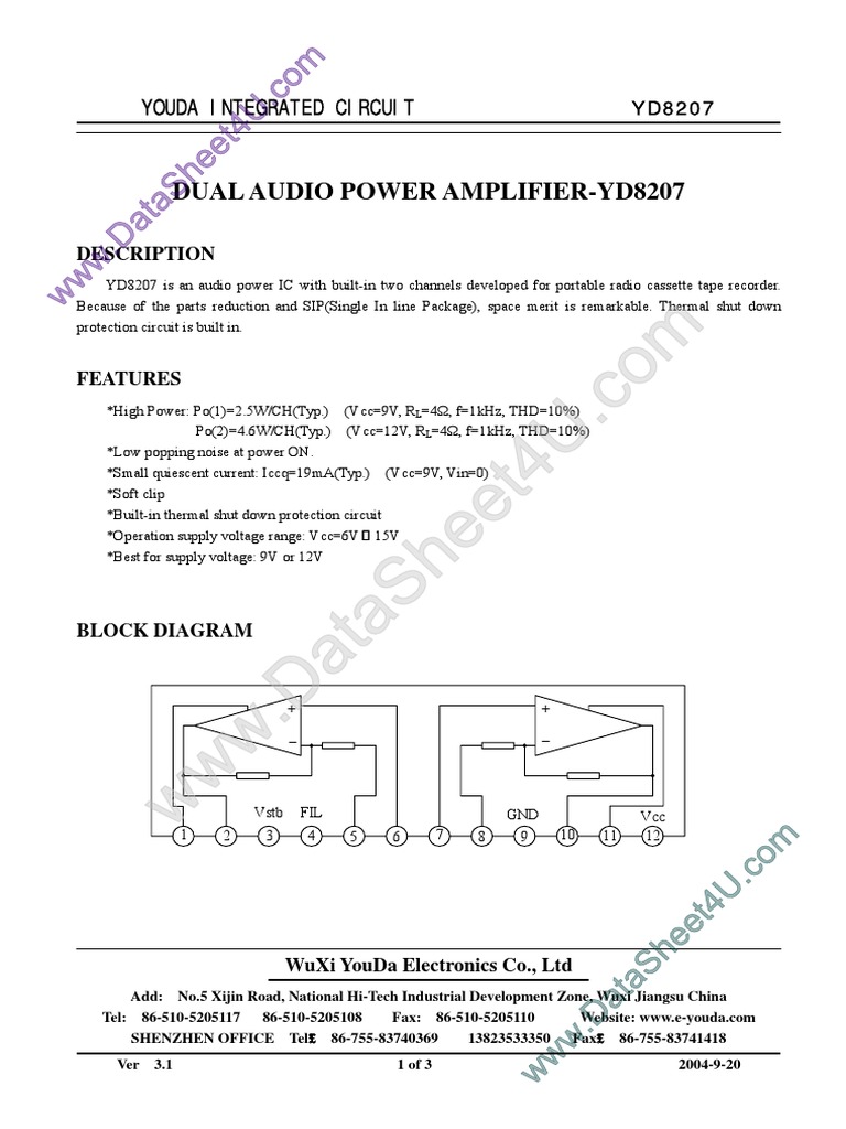 Dual Audio Power Amplifier-Yd8207: Youda Integrated Circuit | PDF ...